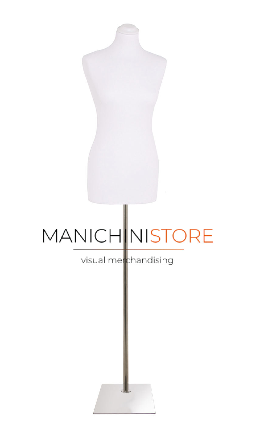 Female bust in white fabric with rictangular chrome base | Manichini Store