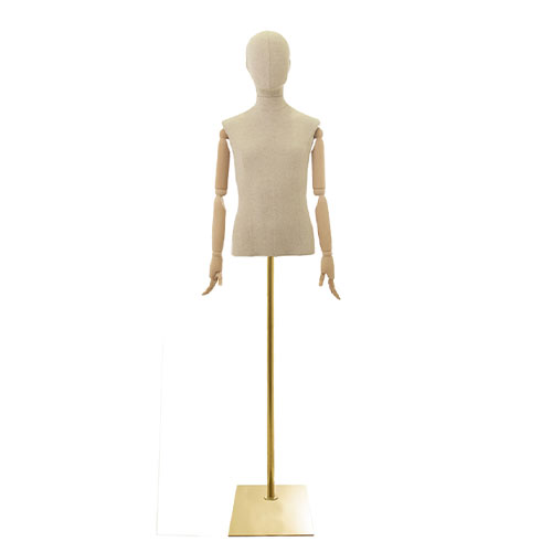 10-12 years old linen child bust with head, wooden arms and golden base ...